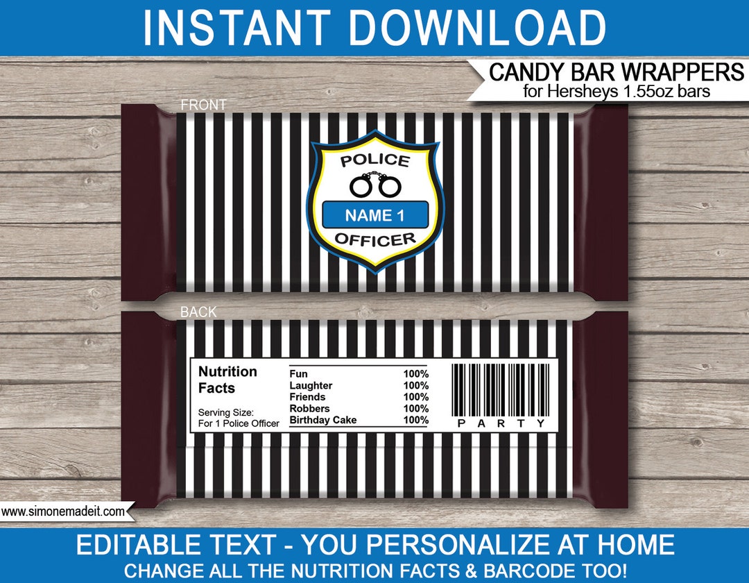 Police Candy Bar Wrappers Template - Printable Birthday Party Favors ...