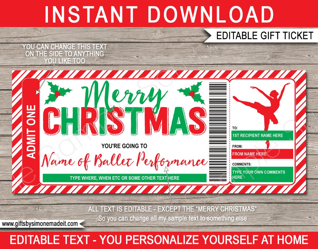 Ballet Ticket Template Gift Certificate Voucher - Printable Christmas ...
