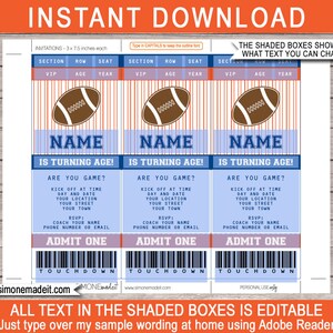 Football Ticket Invitation Template - Navy Blue Orange - Birthday Party ...