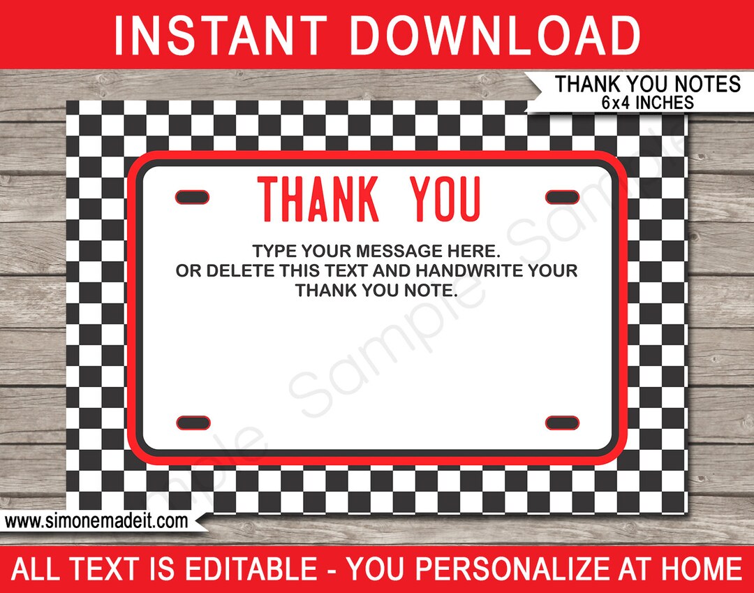 Race Car Party Thank You Cards Template - Printable License Plate ...