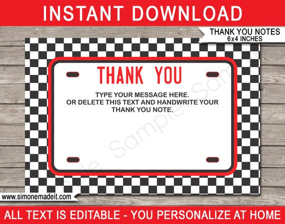Race Car Party Thank You Cards Template Printable License - Etsy