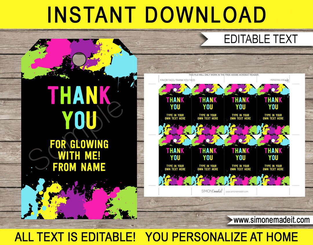 Glow Party Favor Tags: Editable Neon Thank You (instant Download) - Etsy