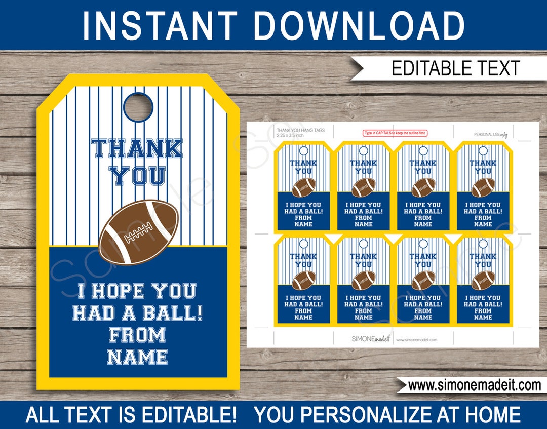 Football Favor Tags Template - Thank You Tags - Team or Birthday Party ...