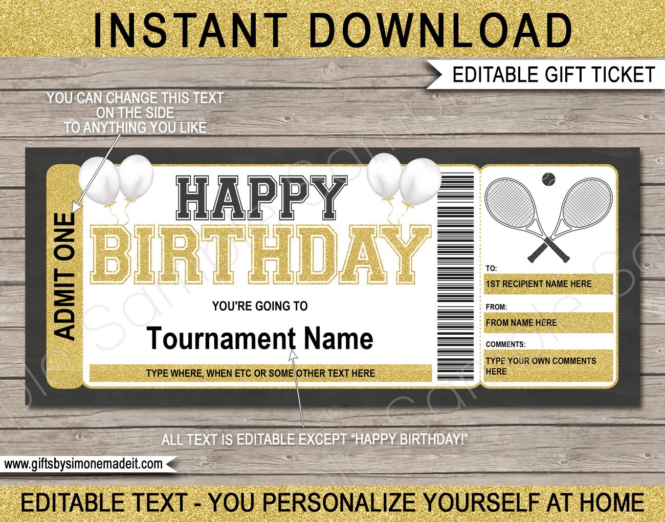 Tennis Ticket Template Birthday Gift Surprise Tournament - Etsy España