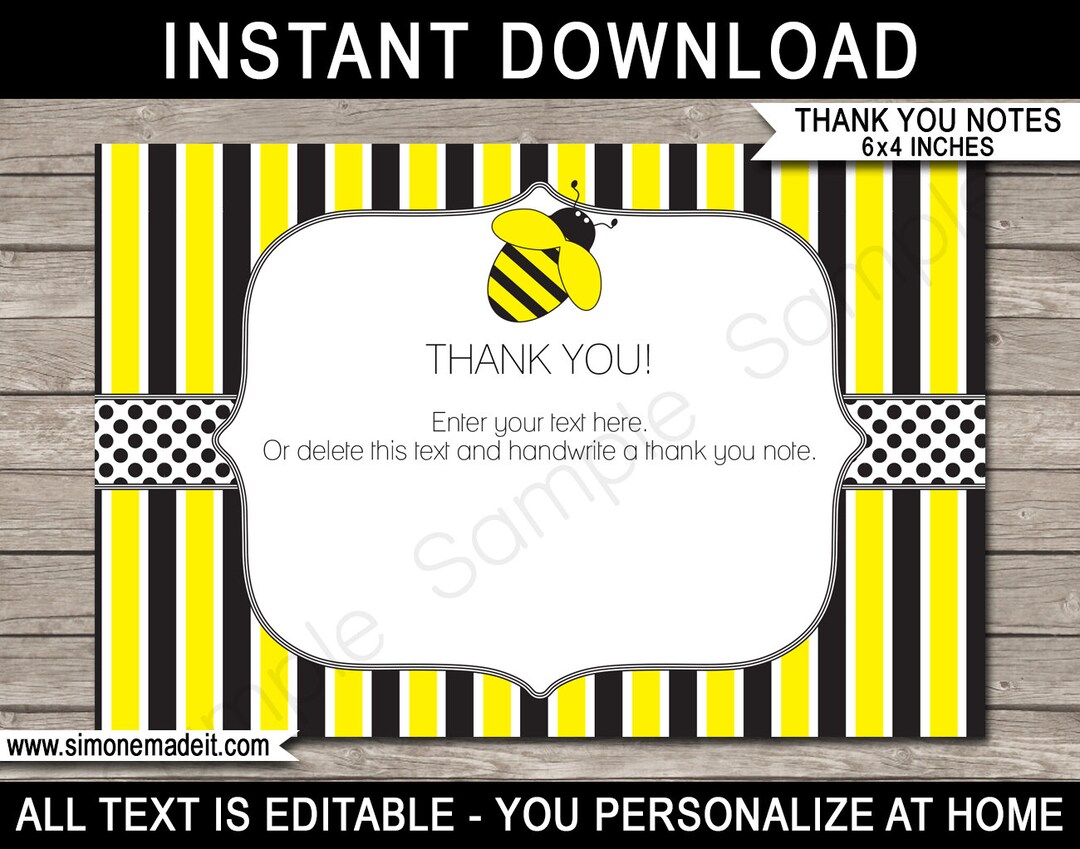 Bee Thank You Cards Template - Printable Birthday Party Favor Tags ...
