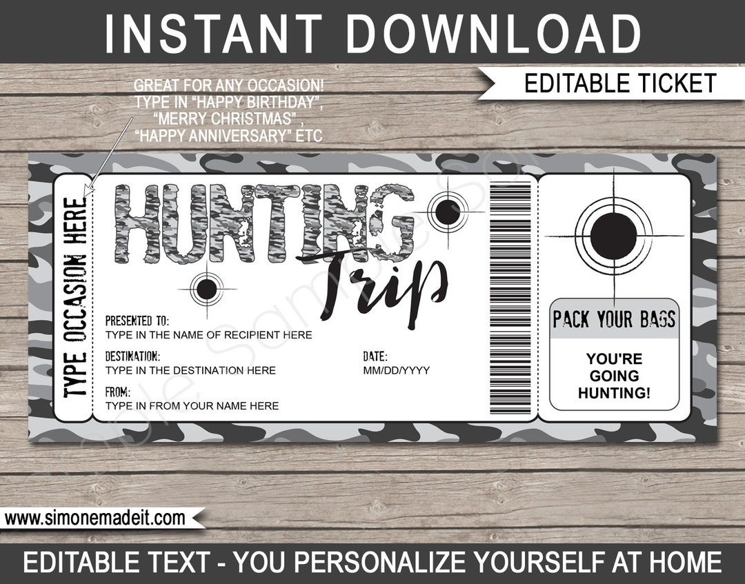 Surprise Hunting Trip Ticket Printable Gift Voucher Certificate - Hunt ...