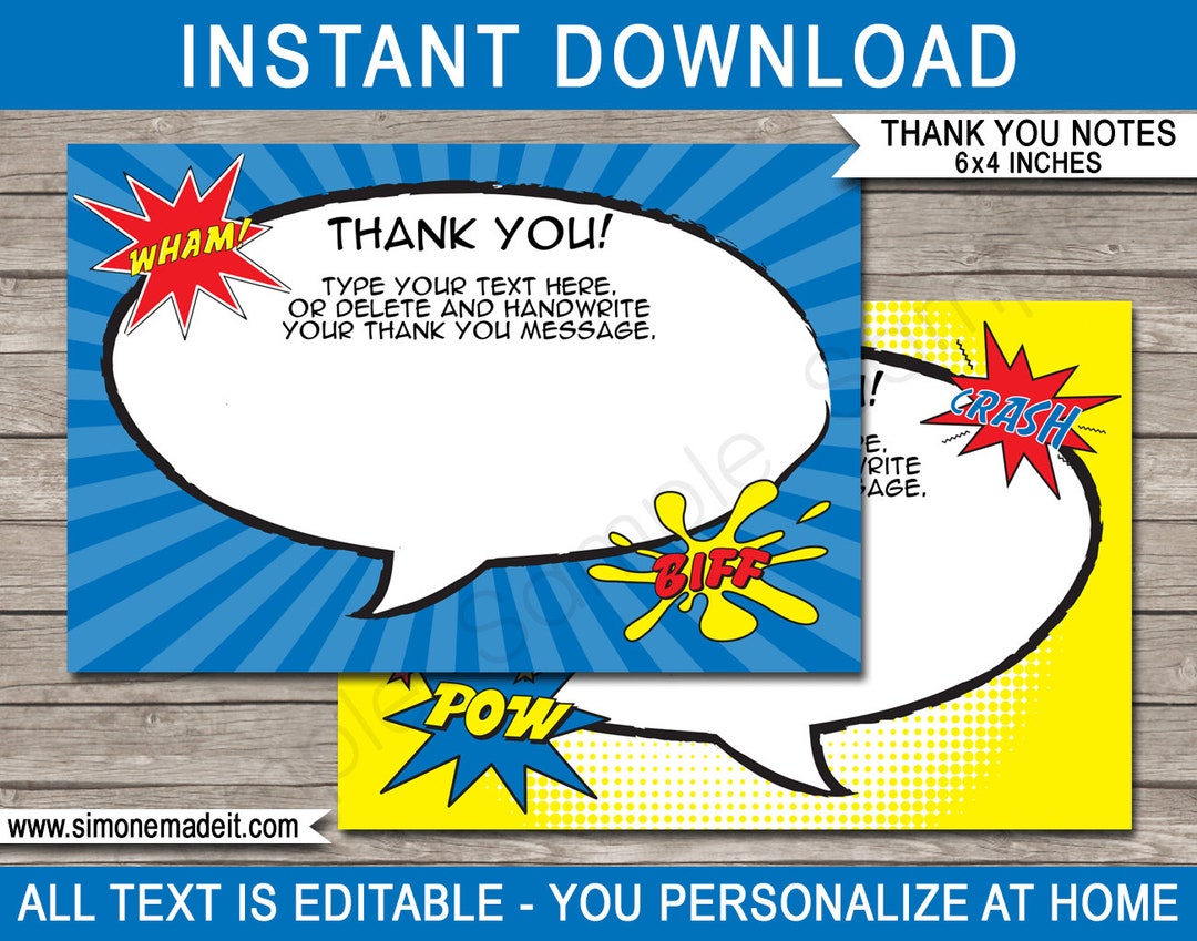 Superhero Party Thank You Cards Template - Printable Super Hero Theme ...