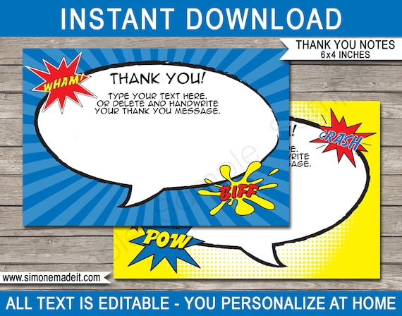 Superhero Party Thank You Cards Template - Printable Super Hero Theme ...