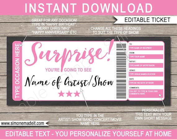 Pink Concert Ticket Gift Certificate Voucher Printable - Christmas ...