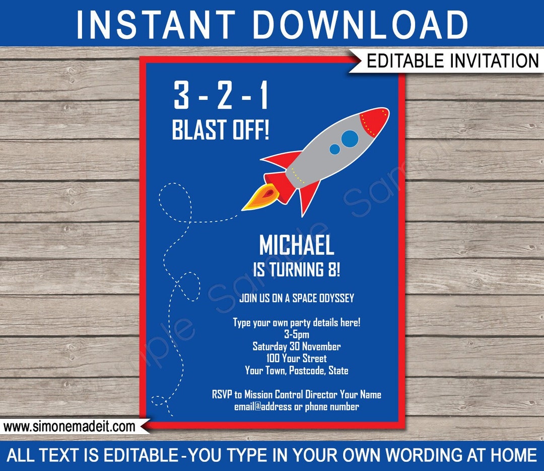 Space Invitation Template - Printable Birthday Party Invite - Rocket ...