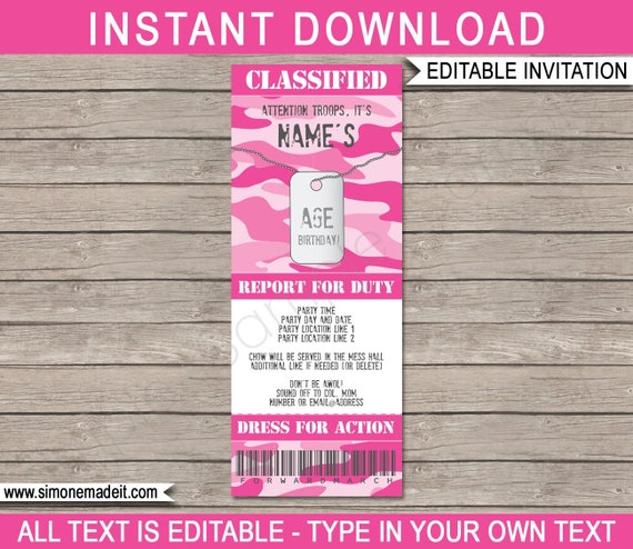 Pink Camo Ticket Invitation Template - Printable Army Boot Camp Theme Birthday Party Invite ...