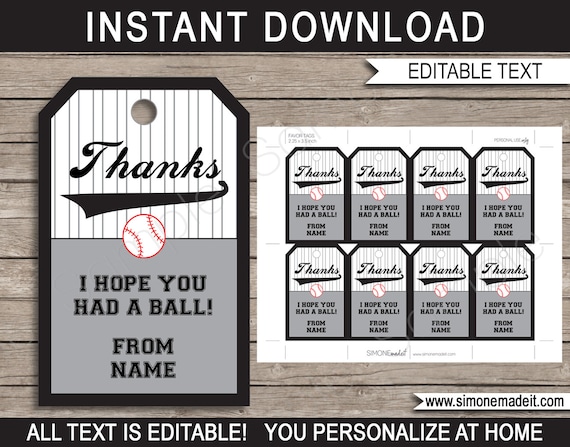 Printable Baseball Favor Tags Template - Thank You Tags - Gray Silver ...
