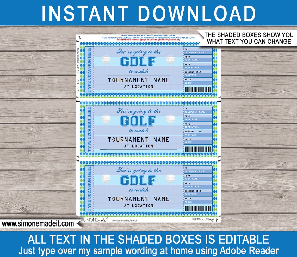 Printable Golf Ticket Gift Voucher Surprise Ticket to Watch - Etsy
