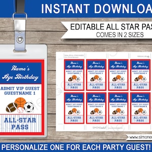 All Star Sports Party All Star Pass Printable Template - Sports Theme ...