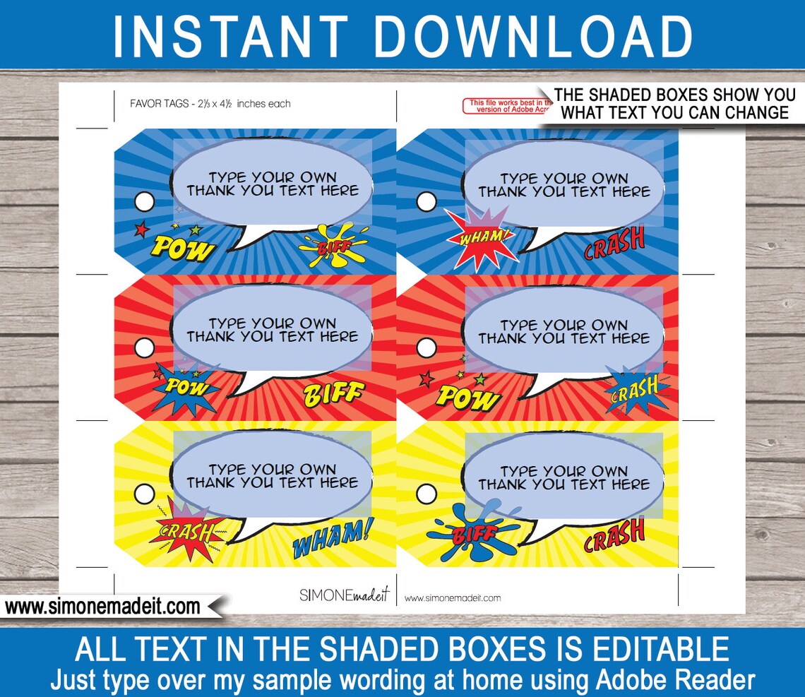 Superhero Favor Tags Template Printable Birthday Party Thank - Etsy