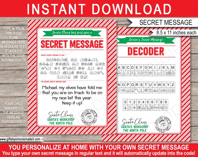 Printable Secret Message From Santa Code Sheets. Instant Digital ...