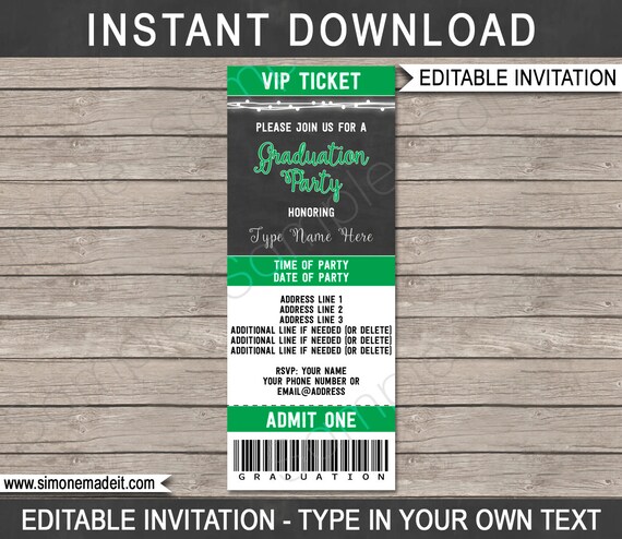 Graduation Party Ticket Invitation Template Green & - Etsy