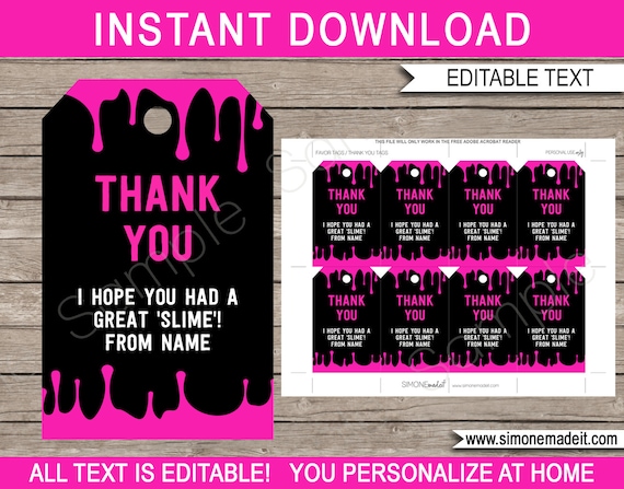 Slime Theme Party Favor Tags Template - Pink Printable Birthday Party ...