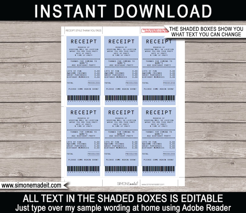 Shopping Mall Receipt Favor Tags: Editable Birthday Party (digital ...
