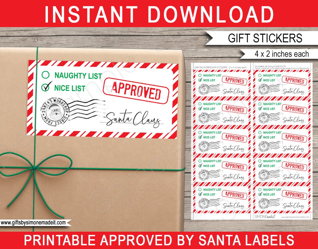 Approved by Santa Stickers Gift Labels Template - Naughty Nice List ...