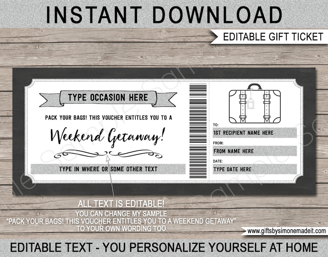 Weekend Getaway Gift Voucher Template: Printable Birthday Trip (instant ...