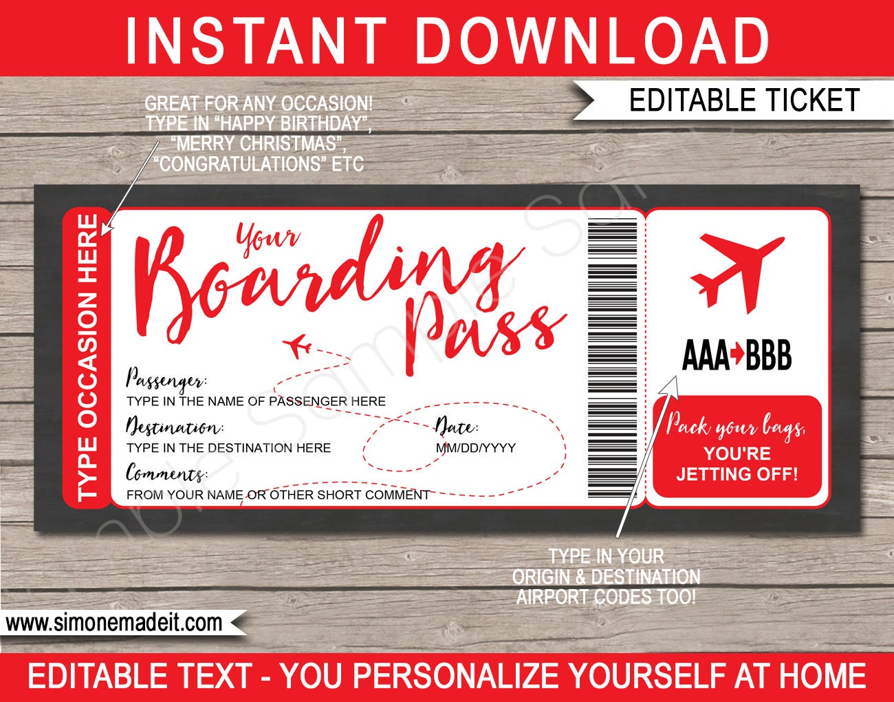Boarding Pass Template EDITABLE Surprise Gift Boarding Ticket Fake 