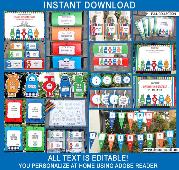 Robot Party Printable Decorations & Invitation Template Bundle ...