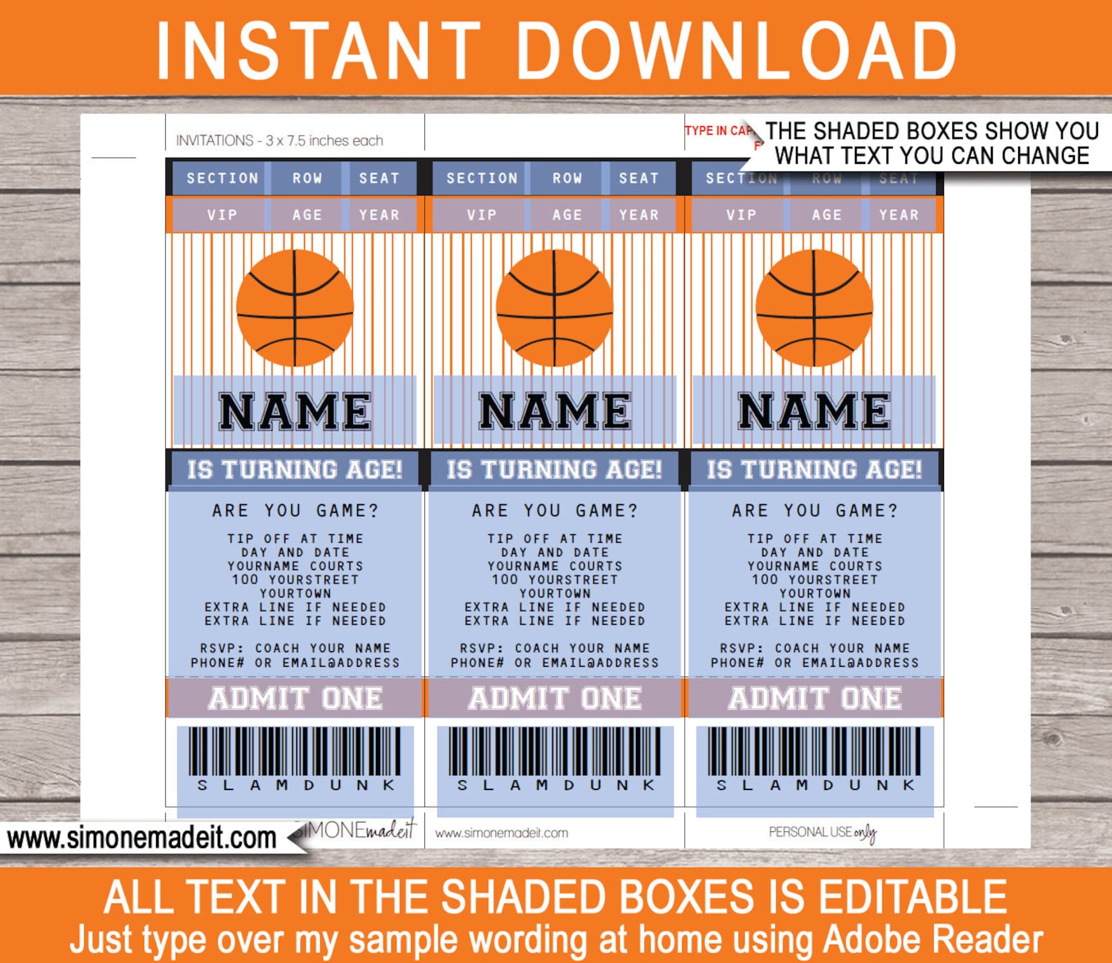 Basketball Ticket Birthday Invitation Template: Editable Text (digital ...