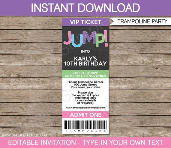 Printable Trampoline Birthday Party Ticket Invitation Template - Girls ...