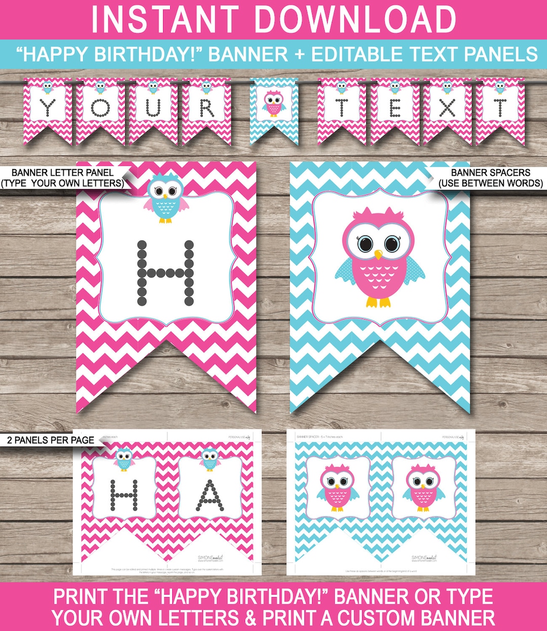Owl Birthday Banner Template: Pink & Aqua Party Decorations (INSTANT ...