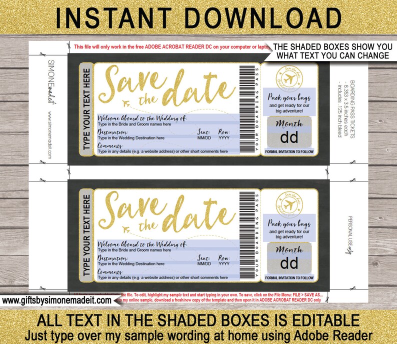 Save The Date Boarding Pass Printable Template Gold Etsy