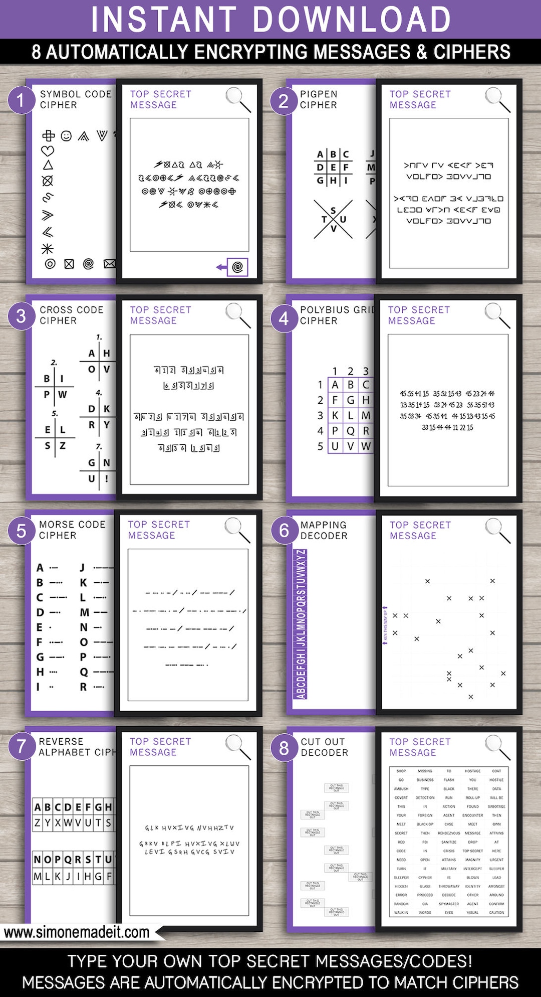 Spy Theme Party Games - 8 Secret Codes and Ciphers in Purple for Girls ...