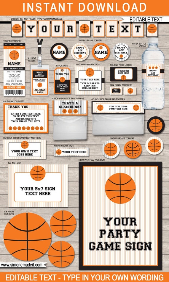 Basketball Birthday Invitation Decorations Template Bundle - Printable ...