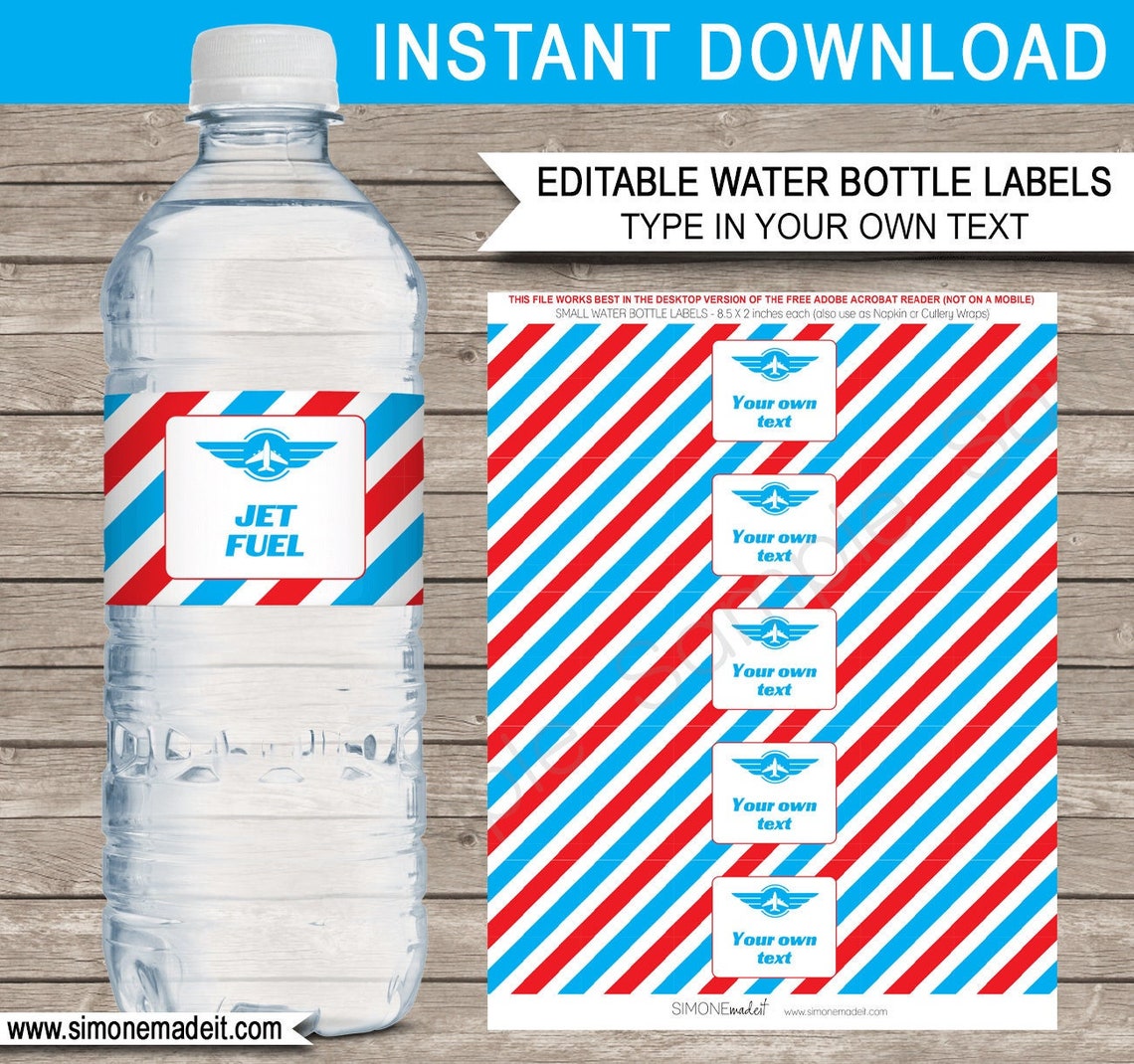 Airplane Party Water Bottle Labels: Editable Text (digital Download) - Etsy