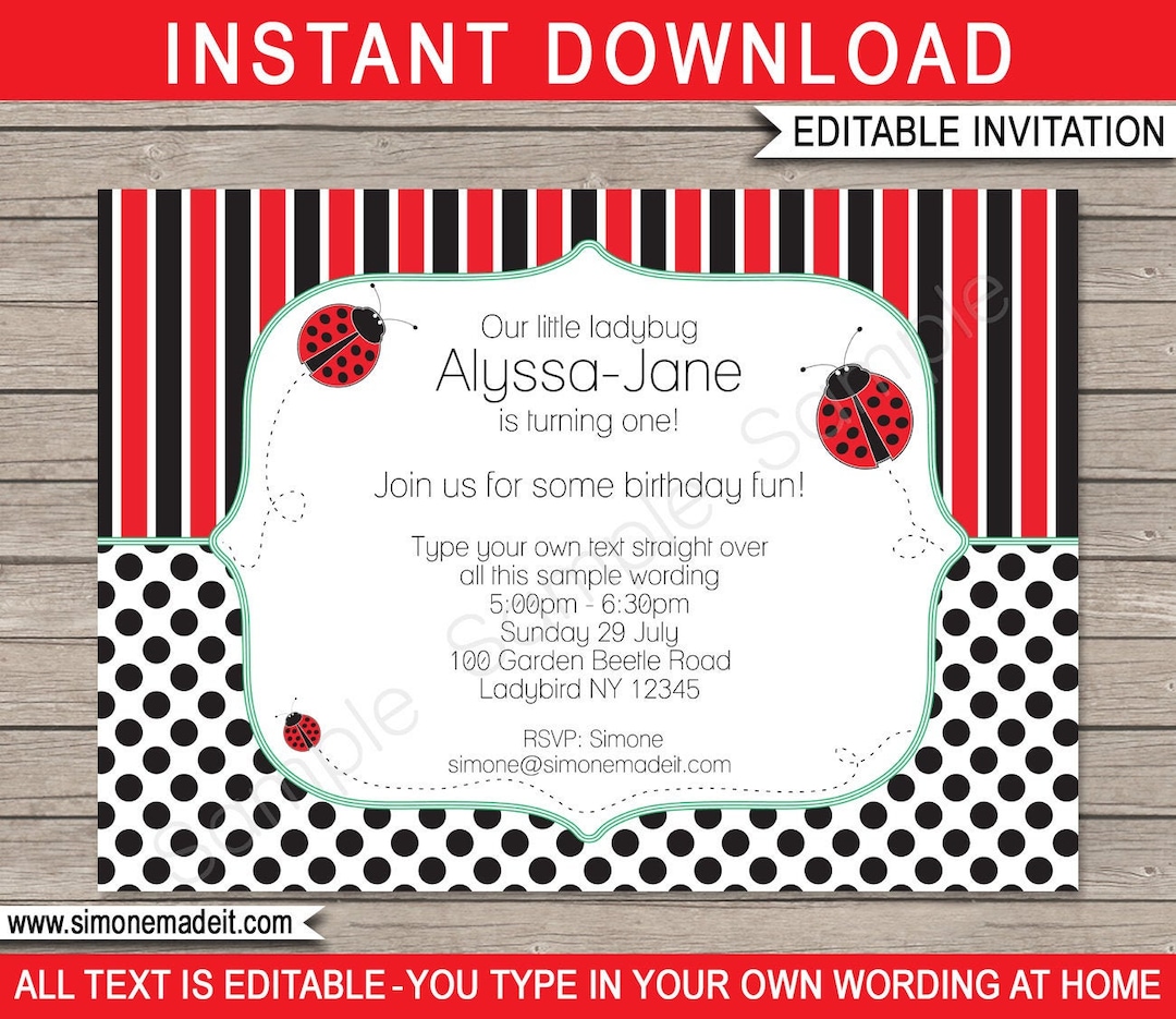 Ladybug Birthday Invitation Template: Editable Text (digital Download ...