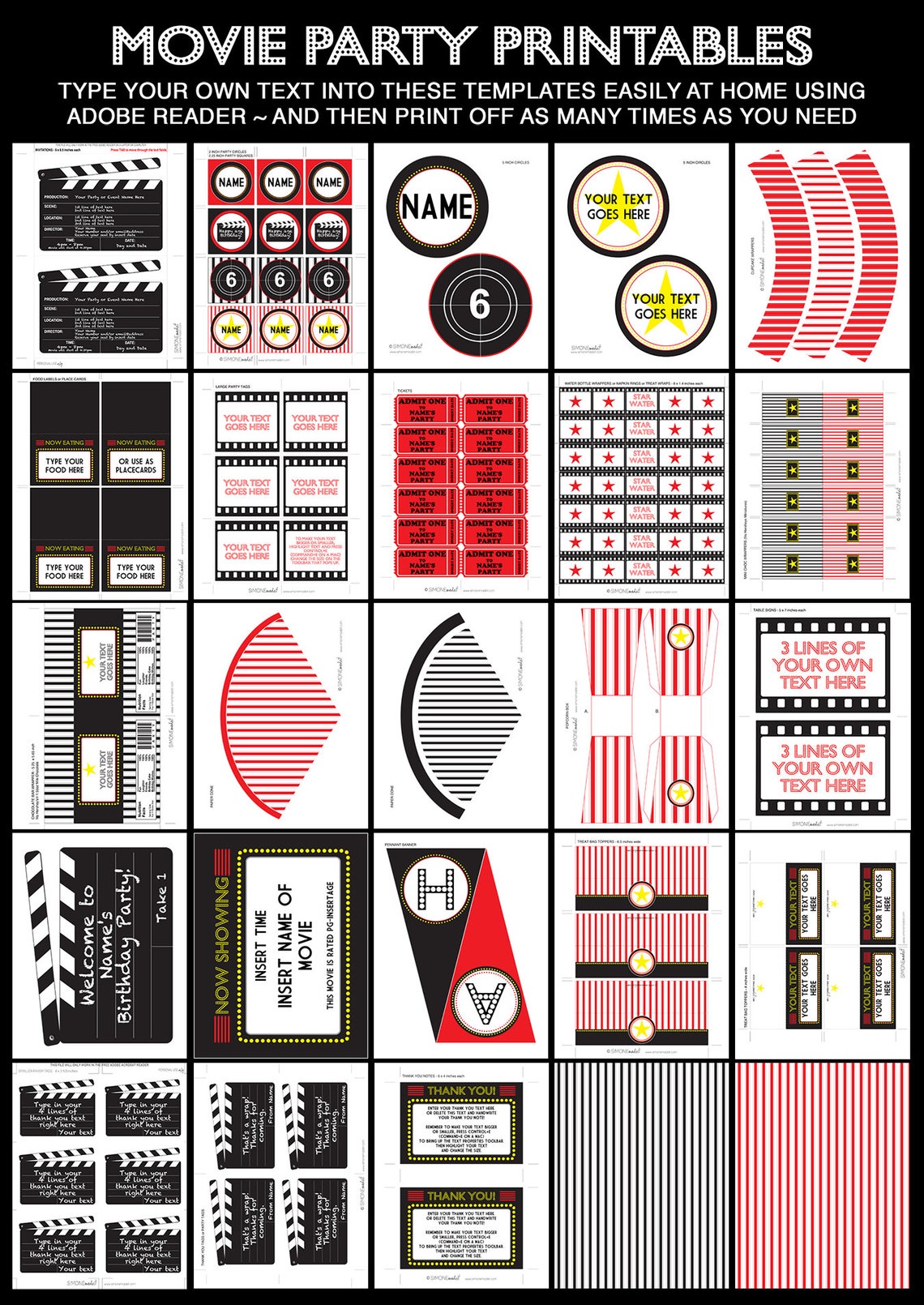 Movie Theme Party Printable Decorations & Invitation Template - Etsy