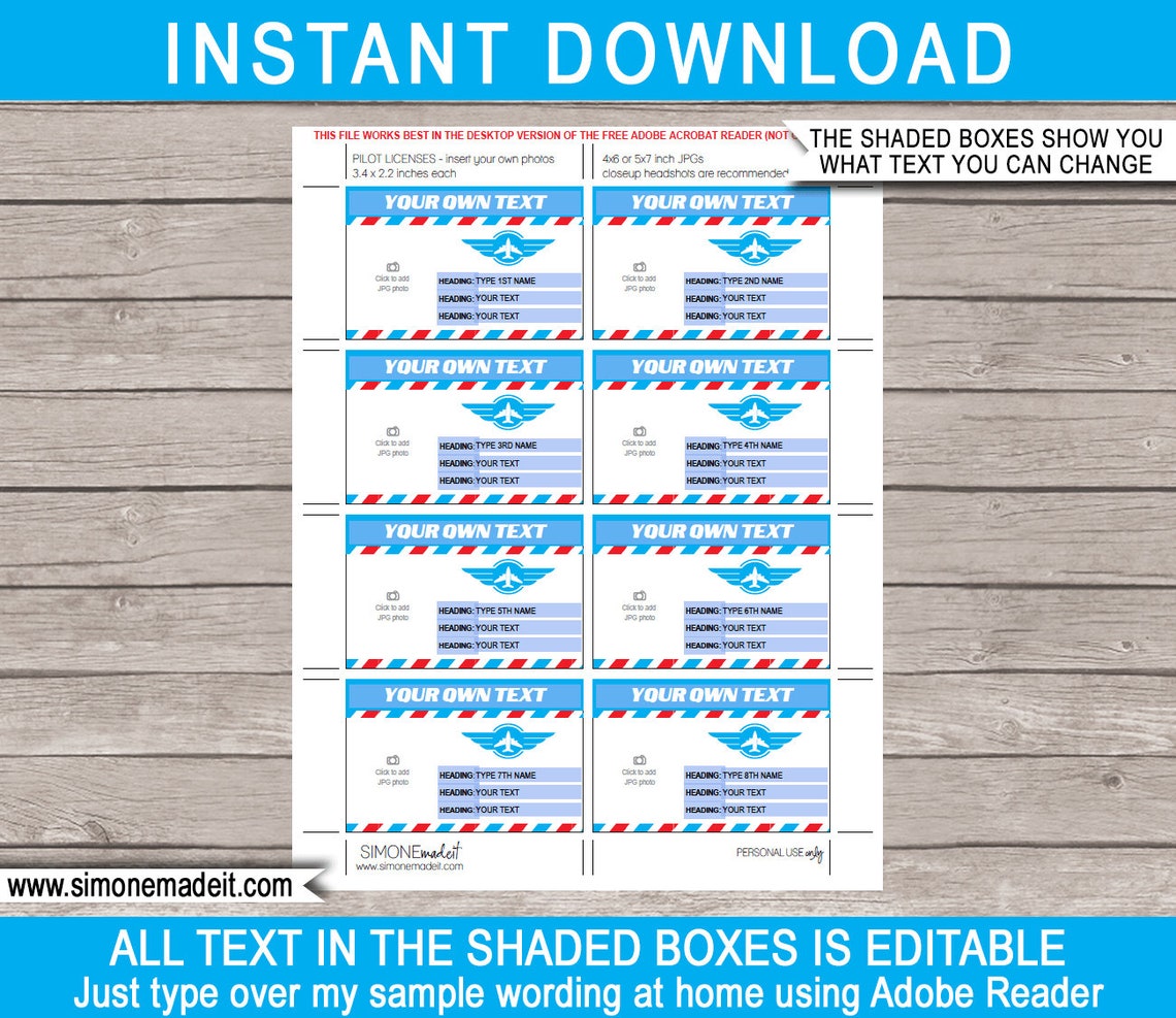 Editable Pilot License Template: Airplane Birthday Party Favors ...