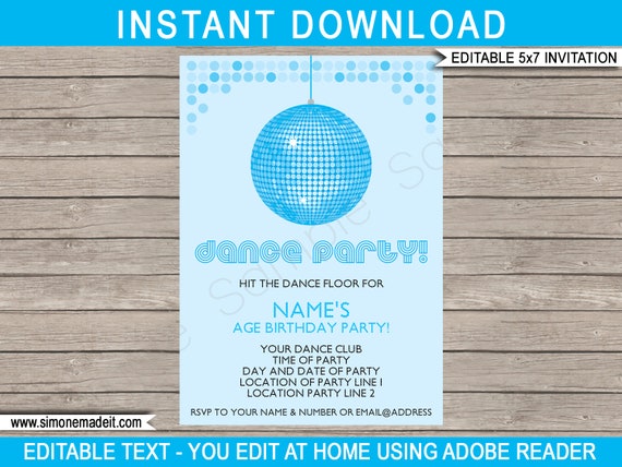 Dance Theme Party Invitation Template - Printable Disco Birthday Party ...