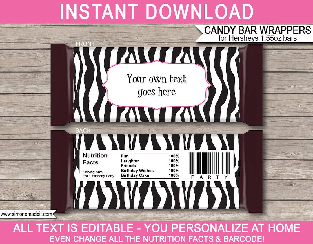 Zebra Candy Bar Wrappers - Birthday Party Favors - Chocolate Labels ...