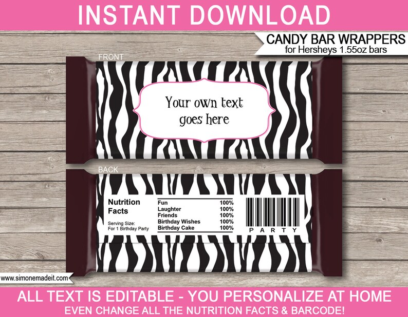 Zebra Candy Bar Wrappers Birthday Party Favors Chocolate - Etsy