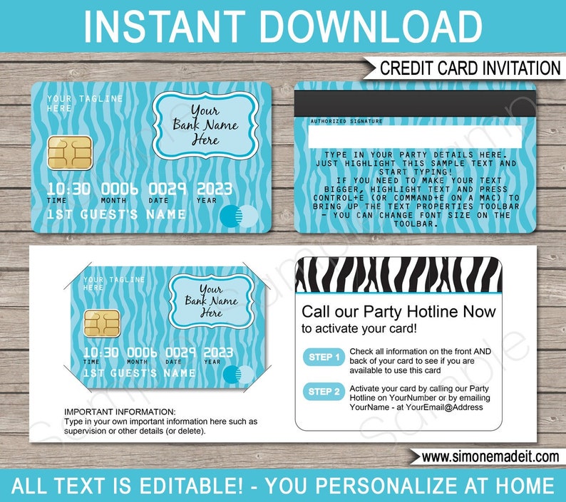 Credit Card Invitation Template Printable Birthday Party - Etsy