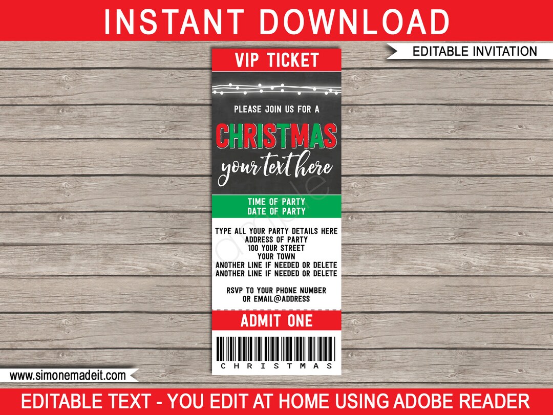 Christmas Ticket Invitation Template - Printable Xmas Party Invite ...