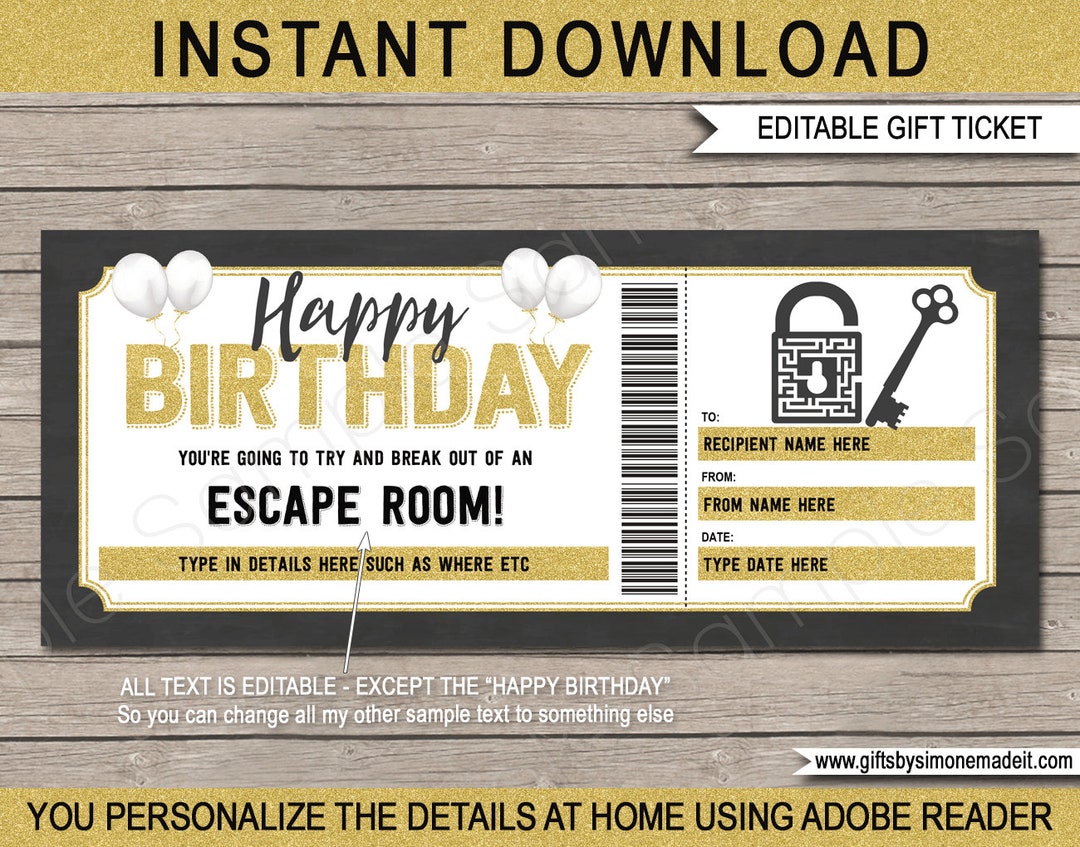 Escape Room Ticket Template - Printable Birthday Game Gift Certificate ...