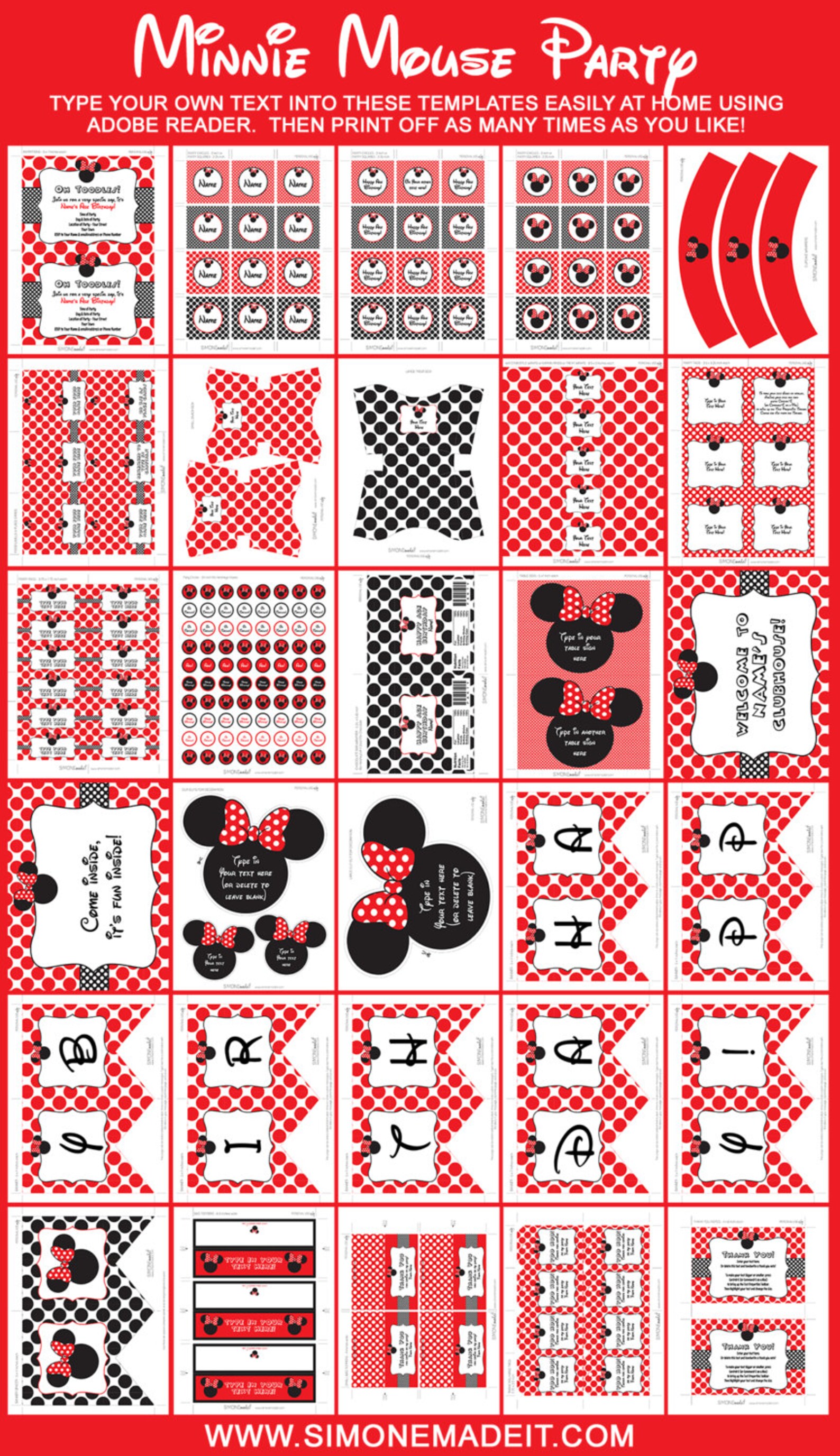 Red Minnie Mouse Printable Decorations & Invitation Template - Etsy
