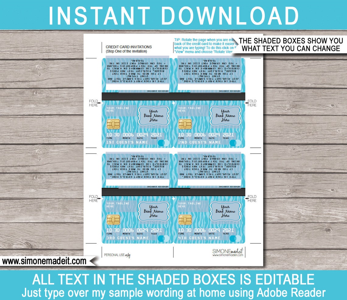 Credit Card Invitation Template Printable Birthday Party - Etsy