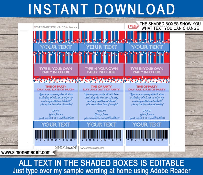 4th of July Ticket Invitation Template Printable July Fourth - Etsy