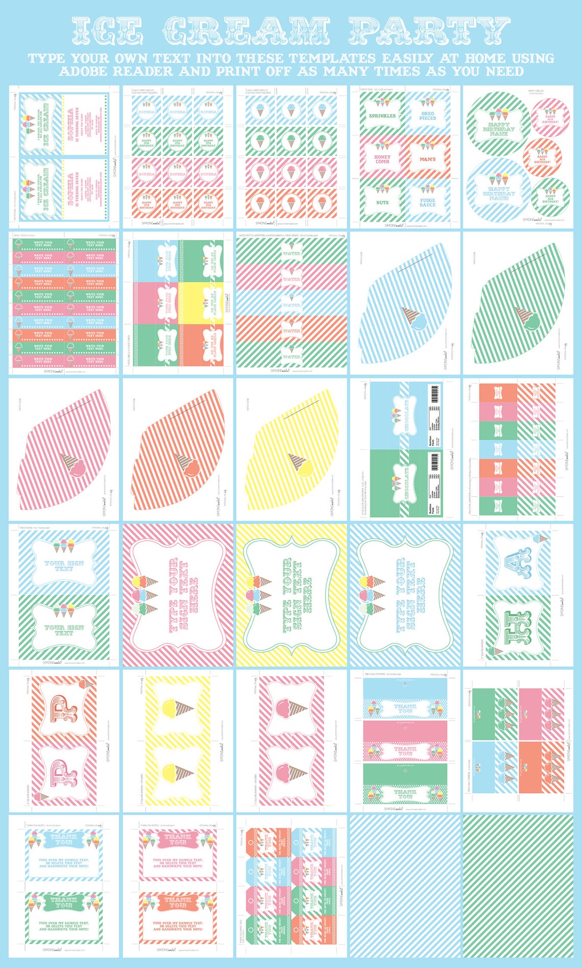 Ice Cream Birthday Party Invitation Decorations Printable - Etsy