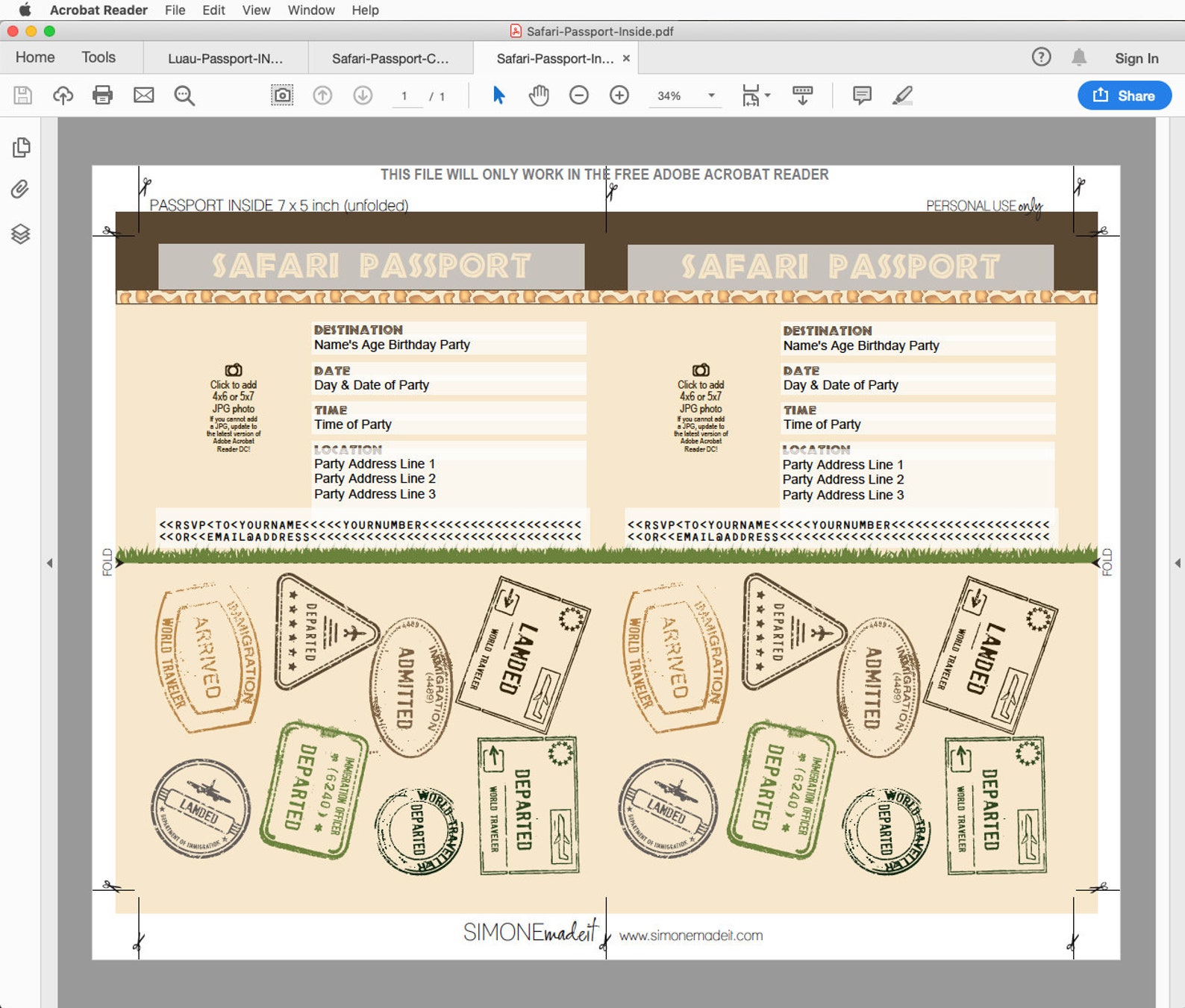 Safari Passport Invitations Printable Photo Invite Jungle - Etsy