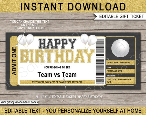 Volleyball Ticket Template Birthday Gift - Surprise Game Ticket ...