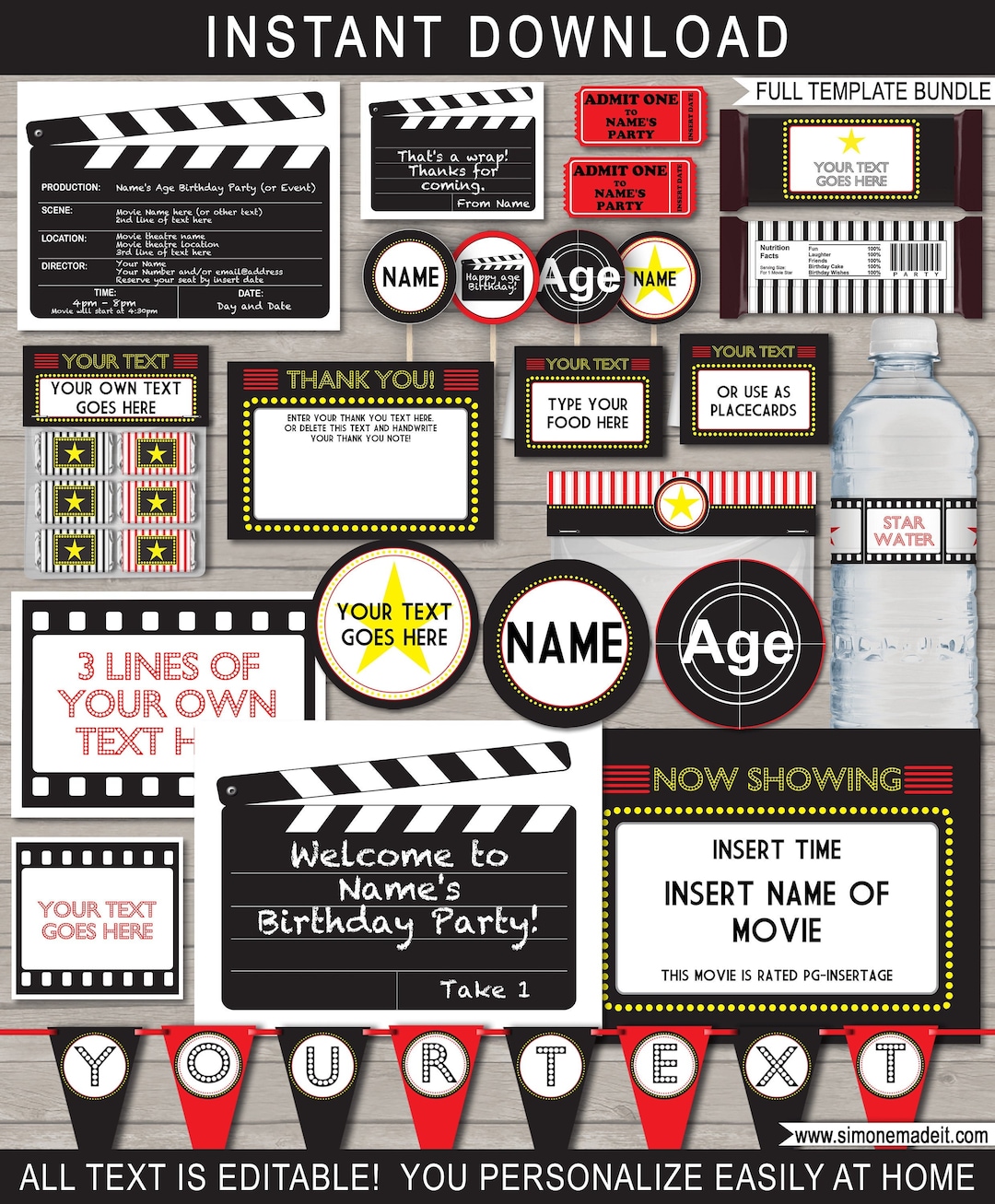 Movie Theme Party Printable Decorations & Invitation Template Bundle ...
